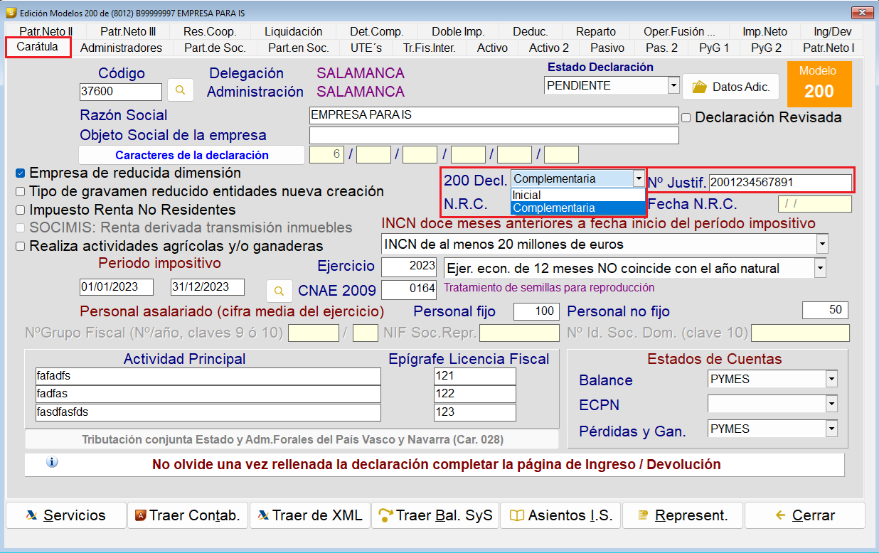 Sociedades. Modelo 200. Complementaria (ejercicios anteriores a 2024) – Aplifisa
