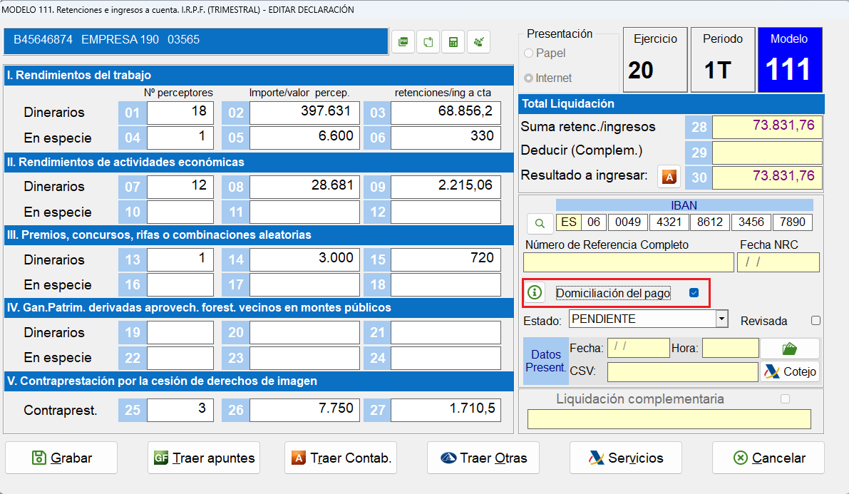 Modelo 111. Complementaria. Error en el alta de la domiciliación – Aplifisa