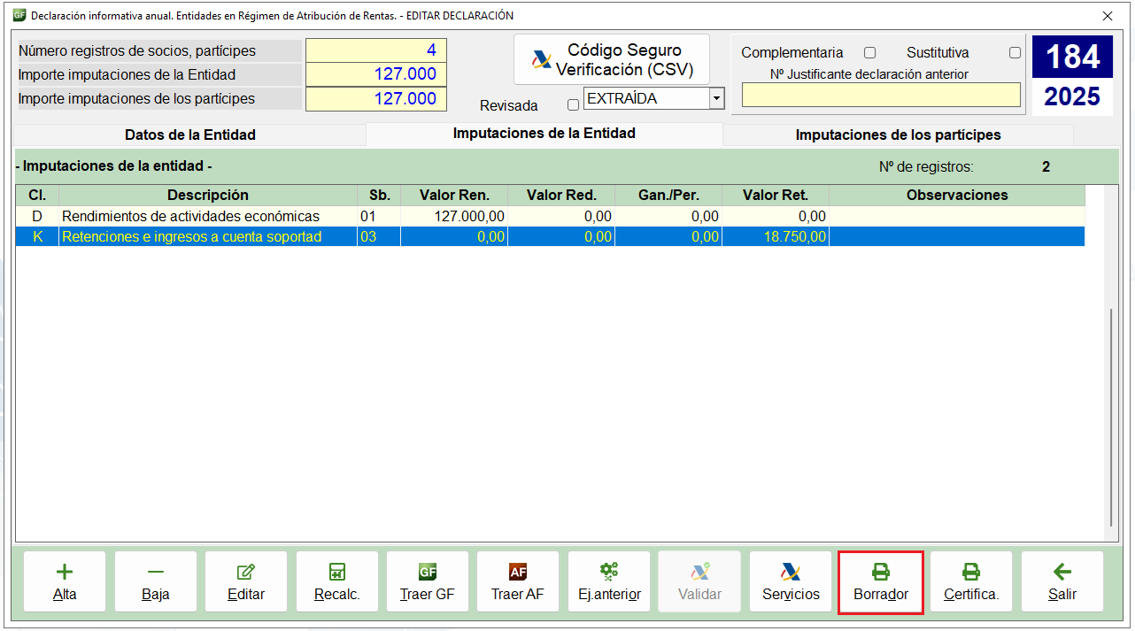 Modelo 184. Declaración Informativa. Entidades en régimen de atribución ...