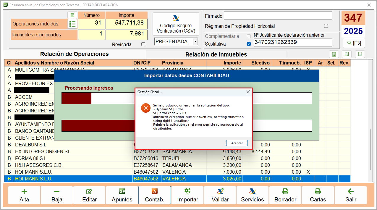Modelo 347. Al recuperar de Contabilidad: Error Dynamic SQL error code ...